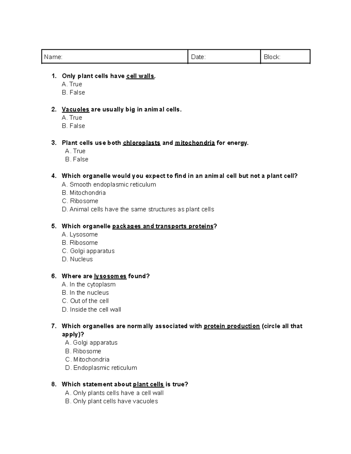 Plant & Animal Cell Structure/Function Quiz - Quiz on Cells - Studocu