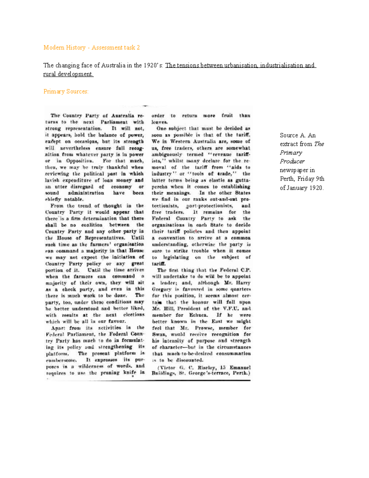 Modern History - Assessment Task 2: Urbanisation vs. Rural Development ...