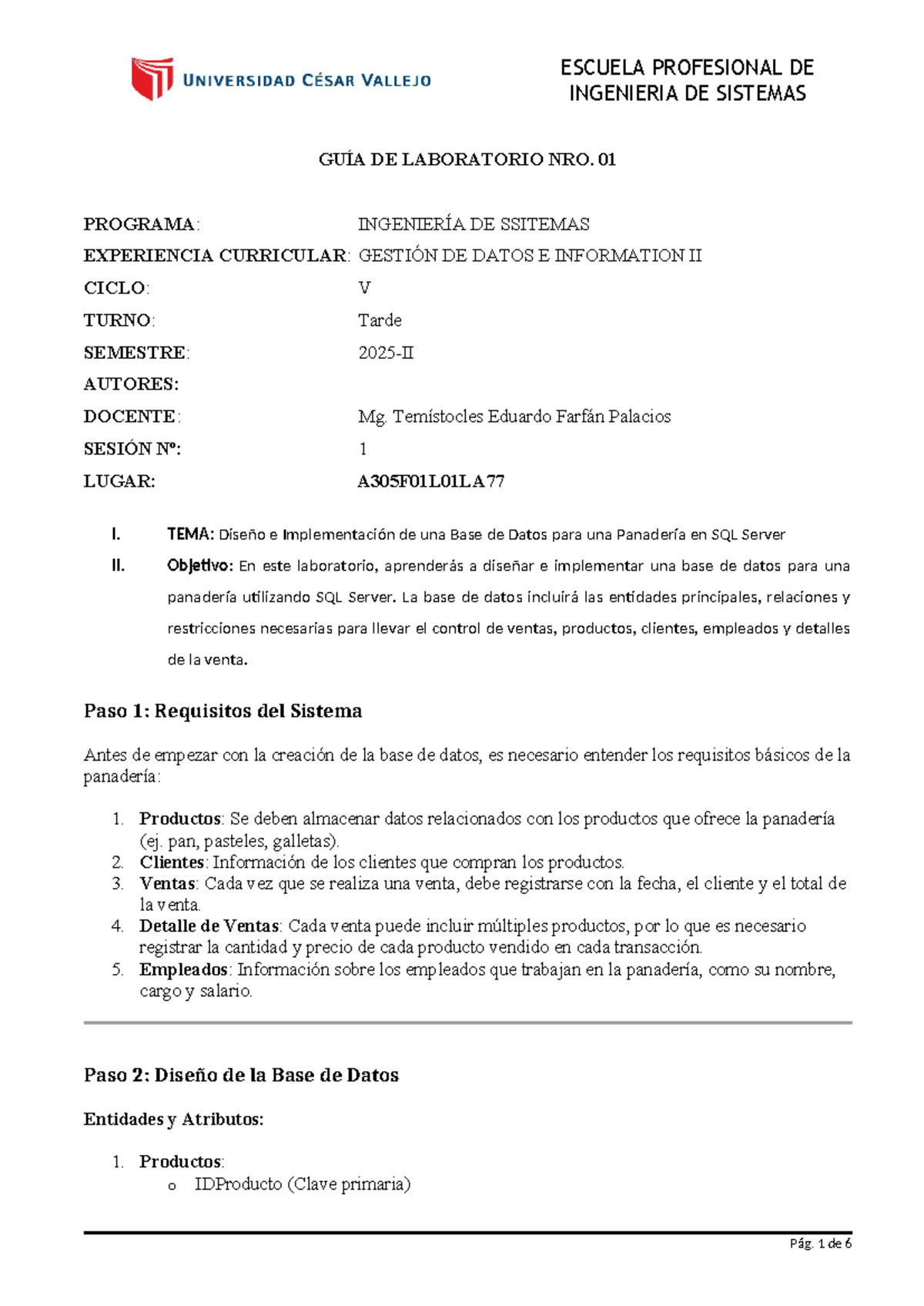 Guía de Laboratorio 01: Diseño de Base de Datos para Panadería en SQL Server - Studocu