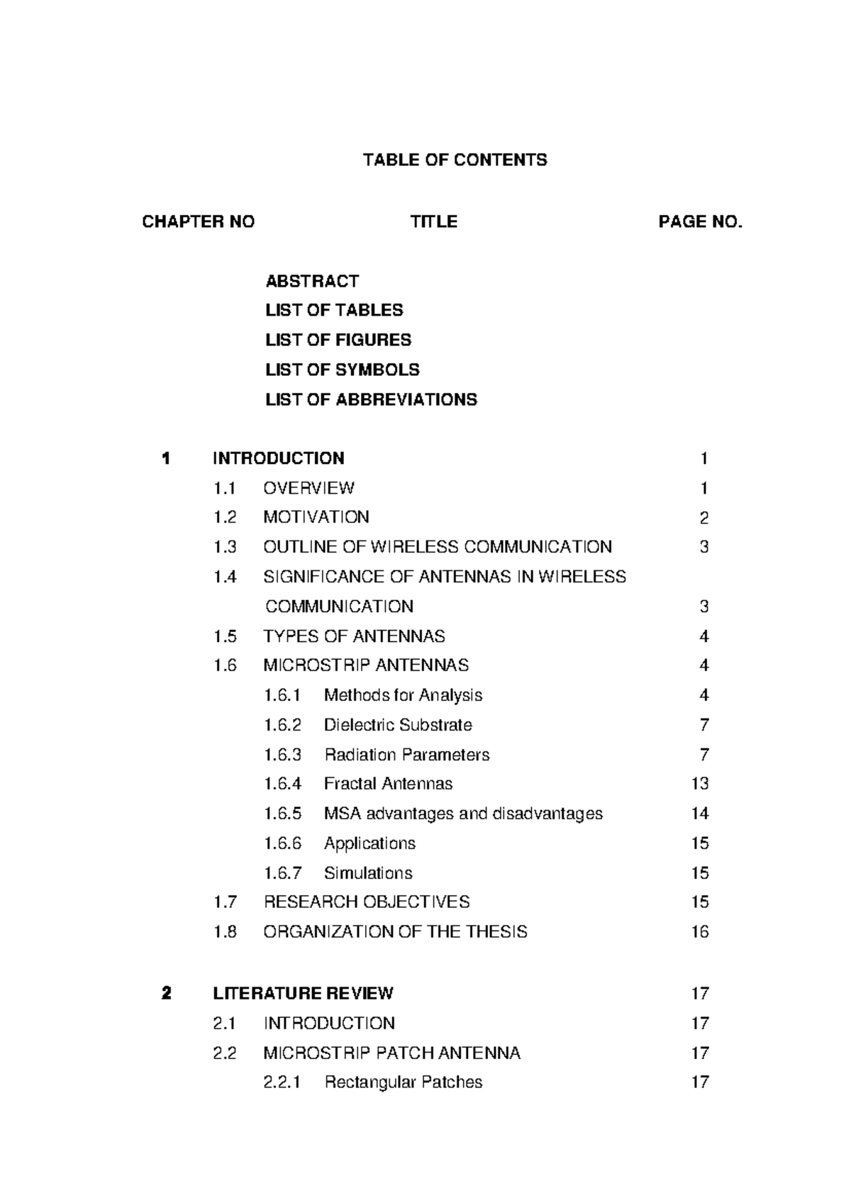 Microstrip Antenna Analysis: Table of Contents for Thesis - Studocu