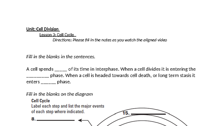 Cell Division Lesson 3: Cell Cycle Notetaker - Studocu