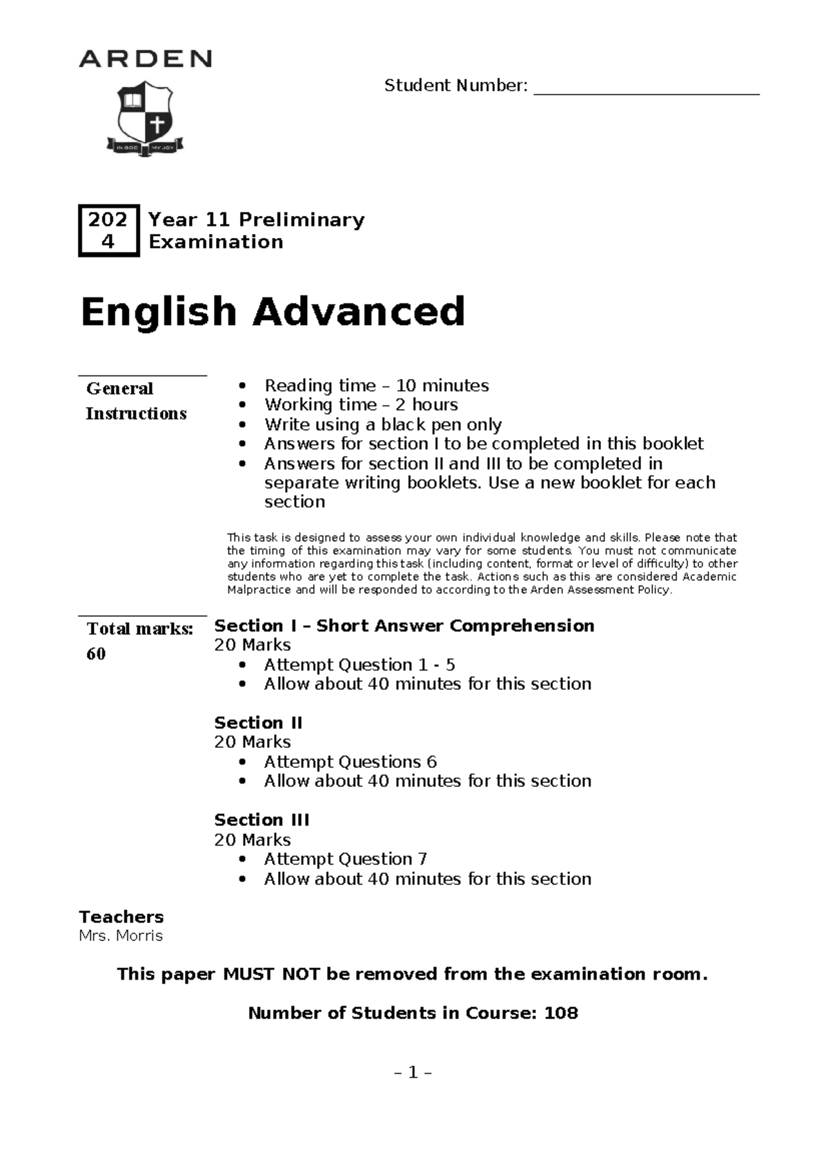 2024 Year 11 English Advanced Preliminary Exam Paper - Studocu