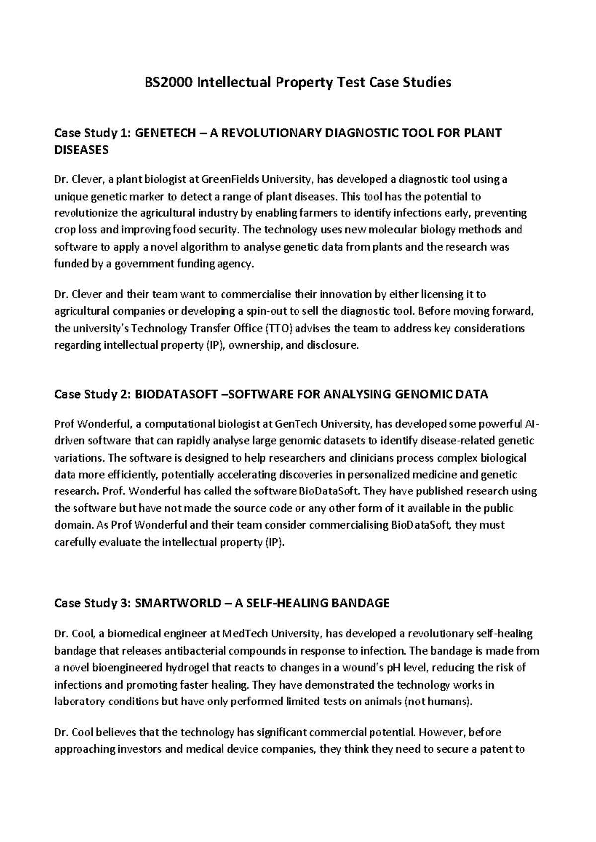 BS2000 Intellectual Property Case Studies: Innovations in Biotech - Studocu