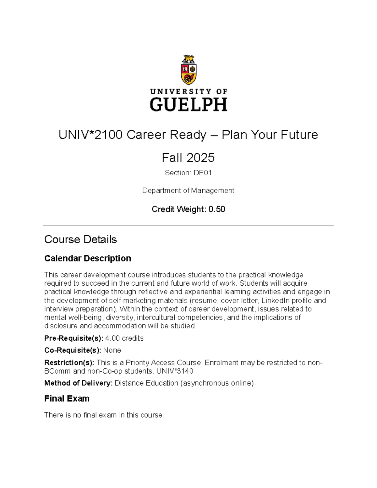 Career Development Strategies: UNIV2100 DE01 Fall 2025 - Studocu