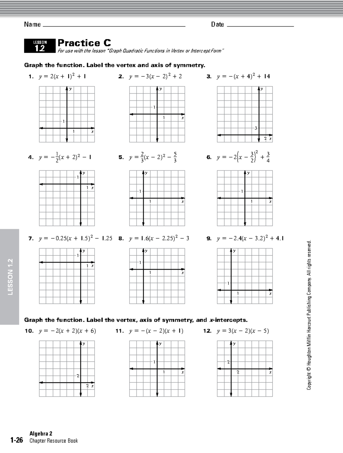 Algebra 2 Lesson 1.2 Date Practice C: Quadratic Functions Graphing ...