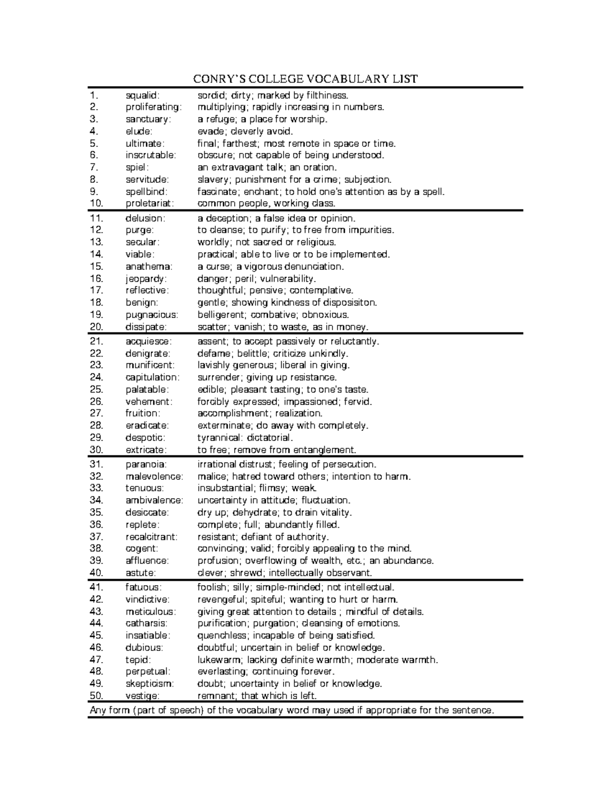 COLLEGE VOCABULARY LIST 1: Essential Terms and Definitions - Studocu