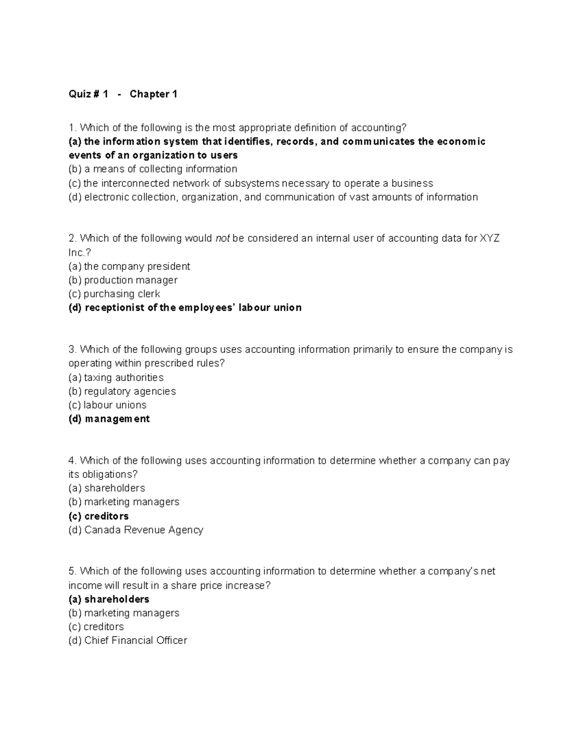 Accounting Quiz #1 - Chapter 1 Study Questions - Studocu