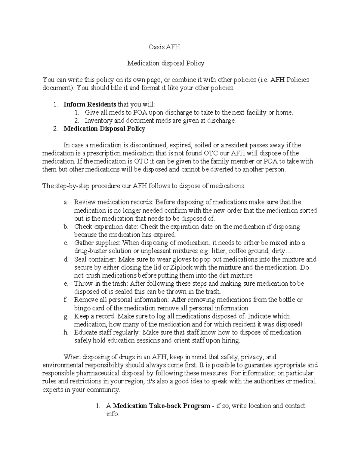 Medication Disposal Policy - Assignment 6 for Oasis AFH - Studocu
