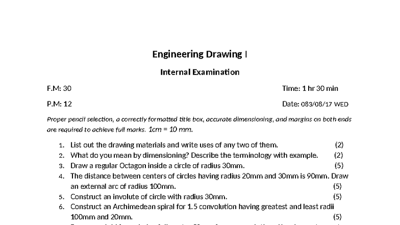 Engineering Drawing I Internal Exam - Key Concepts & Exercises - Studocu