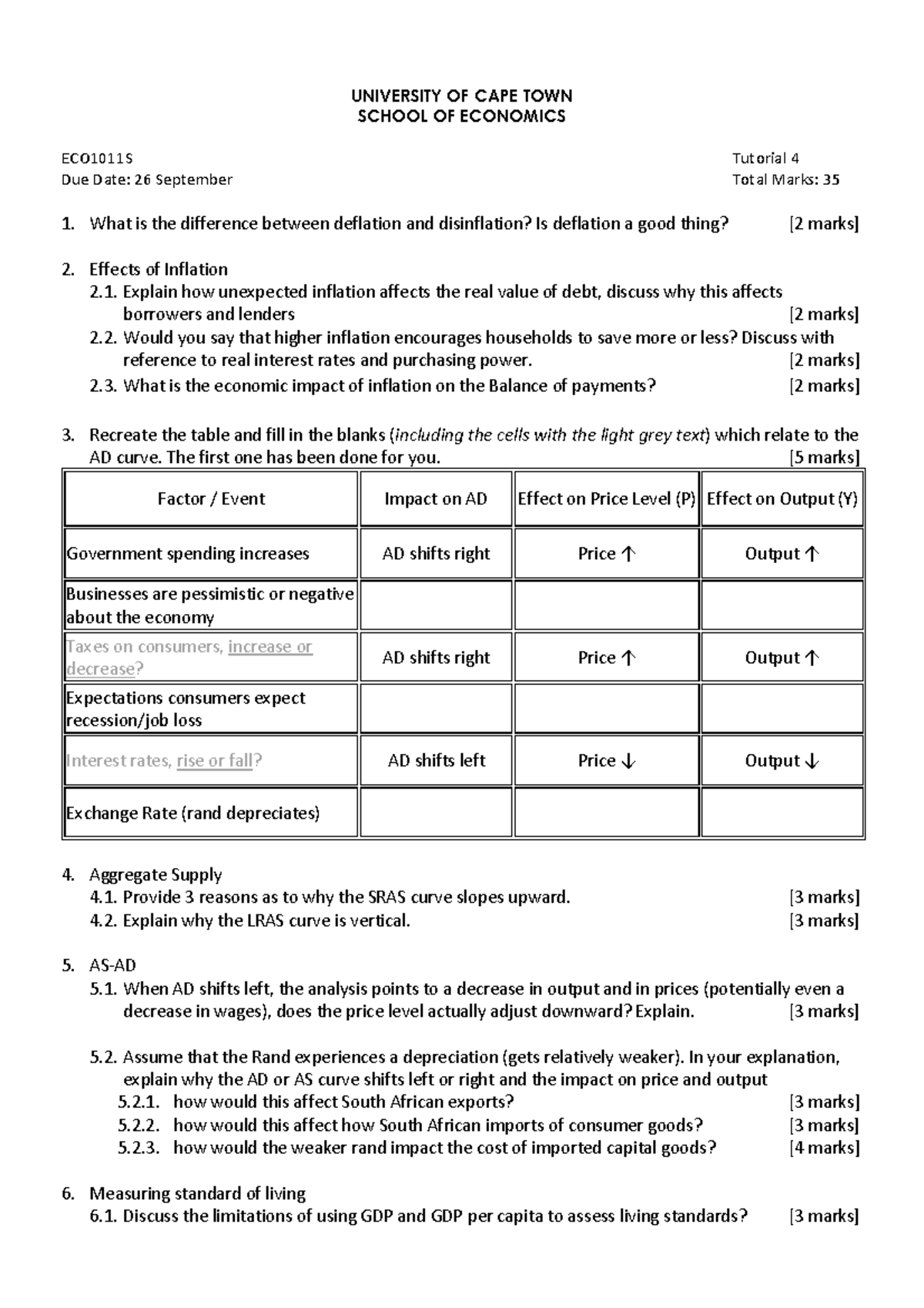 ECO1011S Tutorial 4: Aggregate Demand & Supply Questions - Studocu