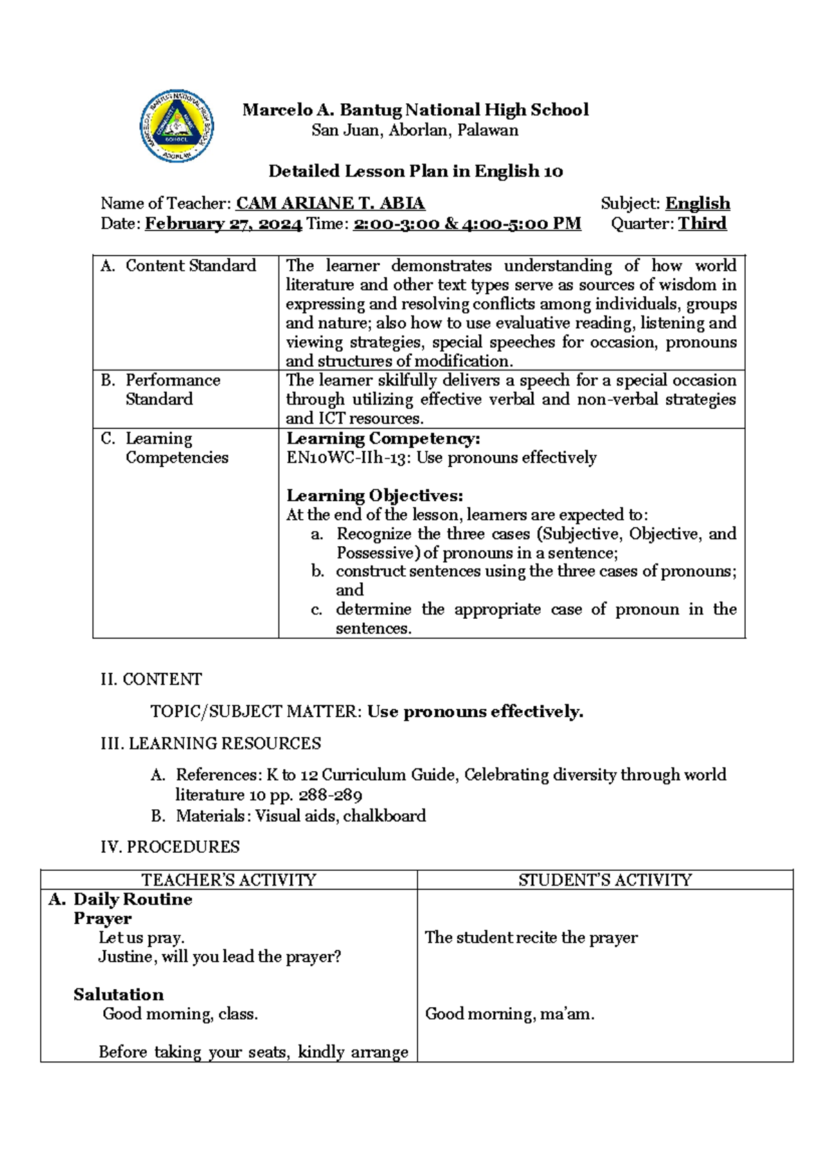 Detailed Lesson Plan: Effective Use of Pronouns in English 10 - Studocu
