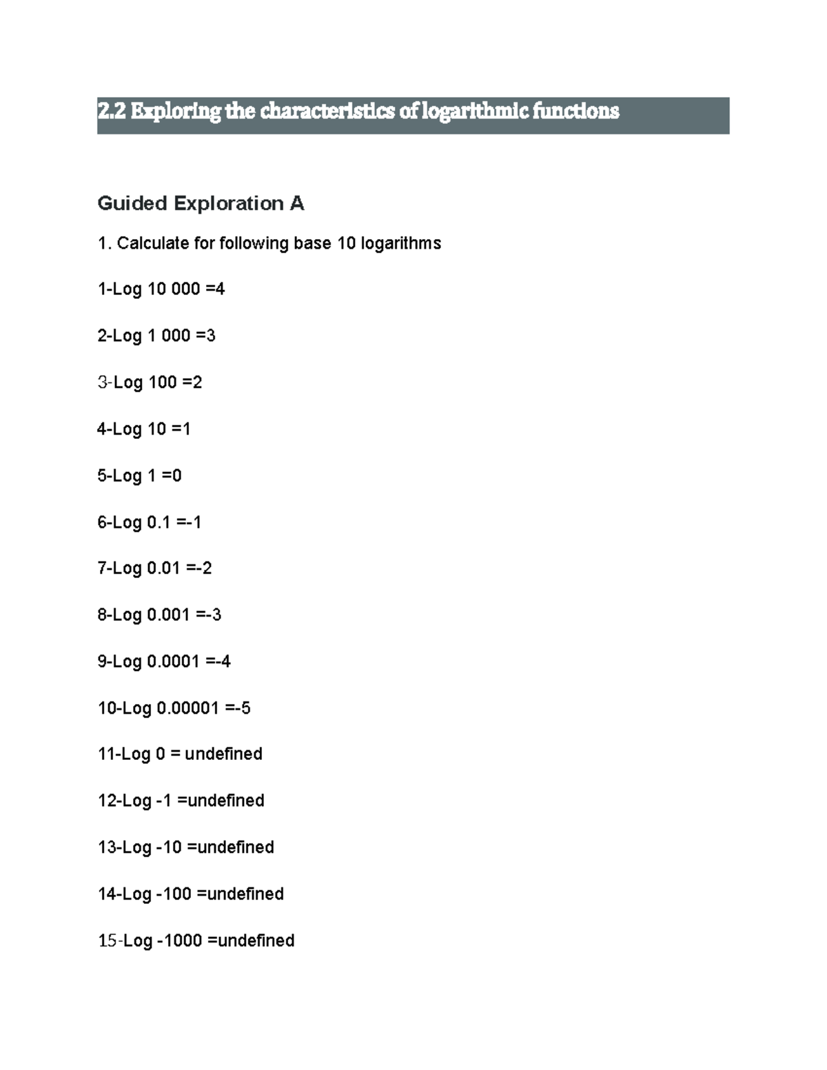 2.2 Logarithmic Functions Characteristics - Math Quiz Notes - Studocu