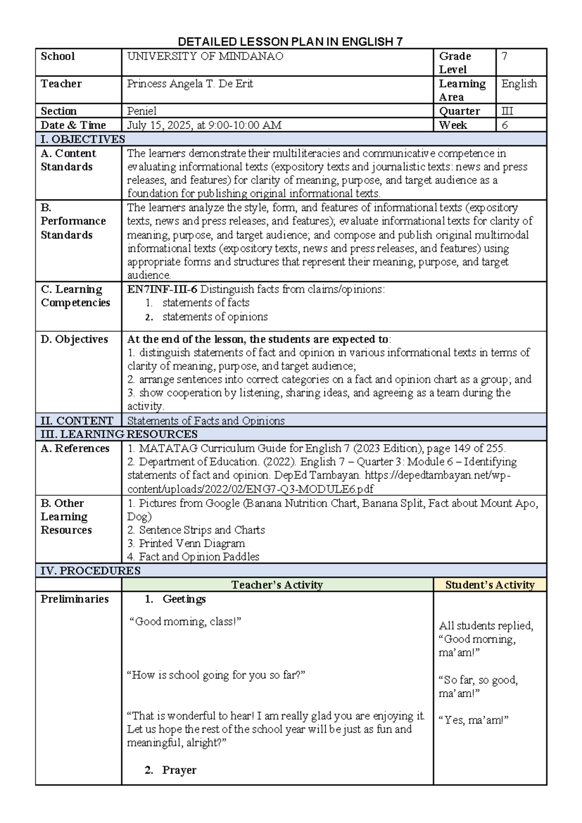 Detailed Lesson Plan for English 7: Facts vs. Opinions - Studocu