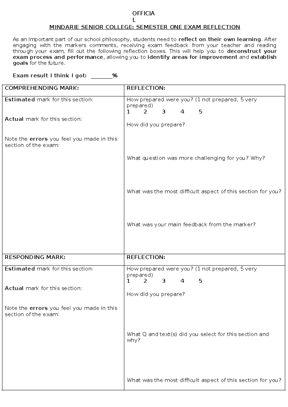 OFFICIAL MINDARIE SENIOR COLLEGE: SEM 1 EXAM REFLECTION & GOALS - Studocu