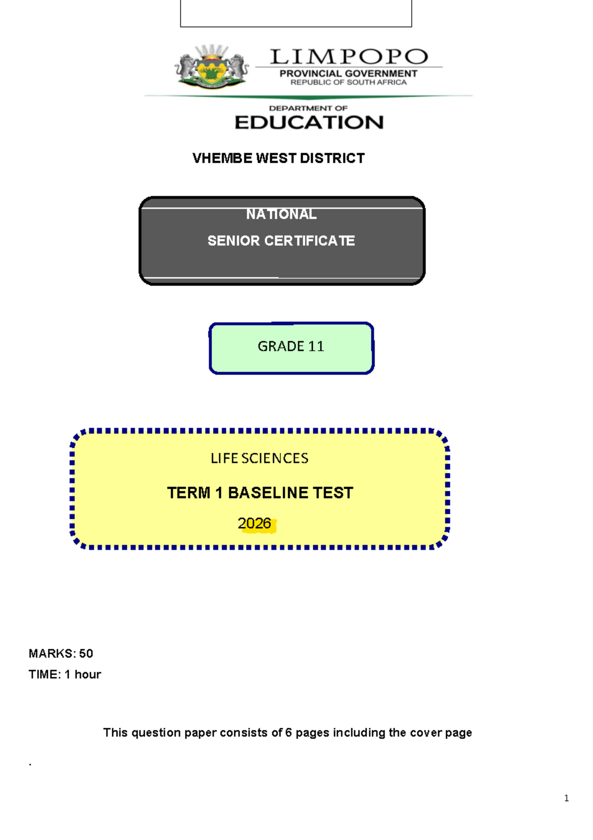 Grade 11 Life Sciences Term 1 Baseline Test 2026 - Studocu