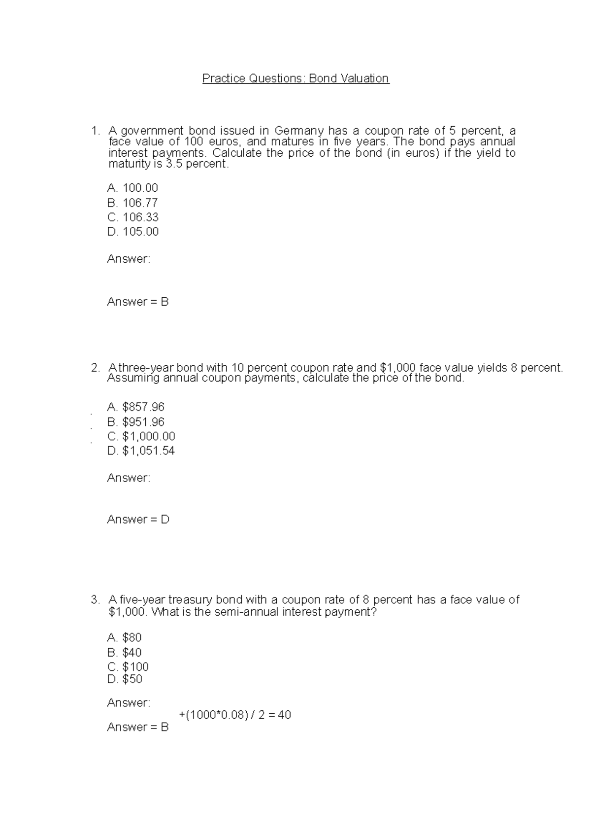 Practice Questions Set 2: Bond Valuation with Answers - Studocu