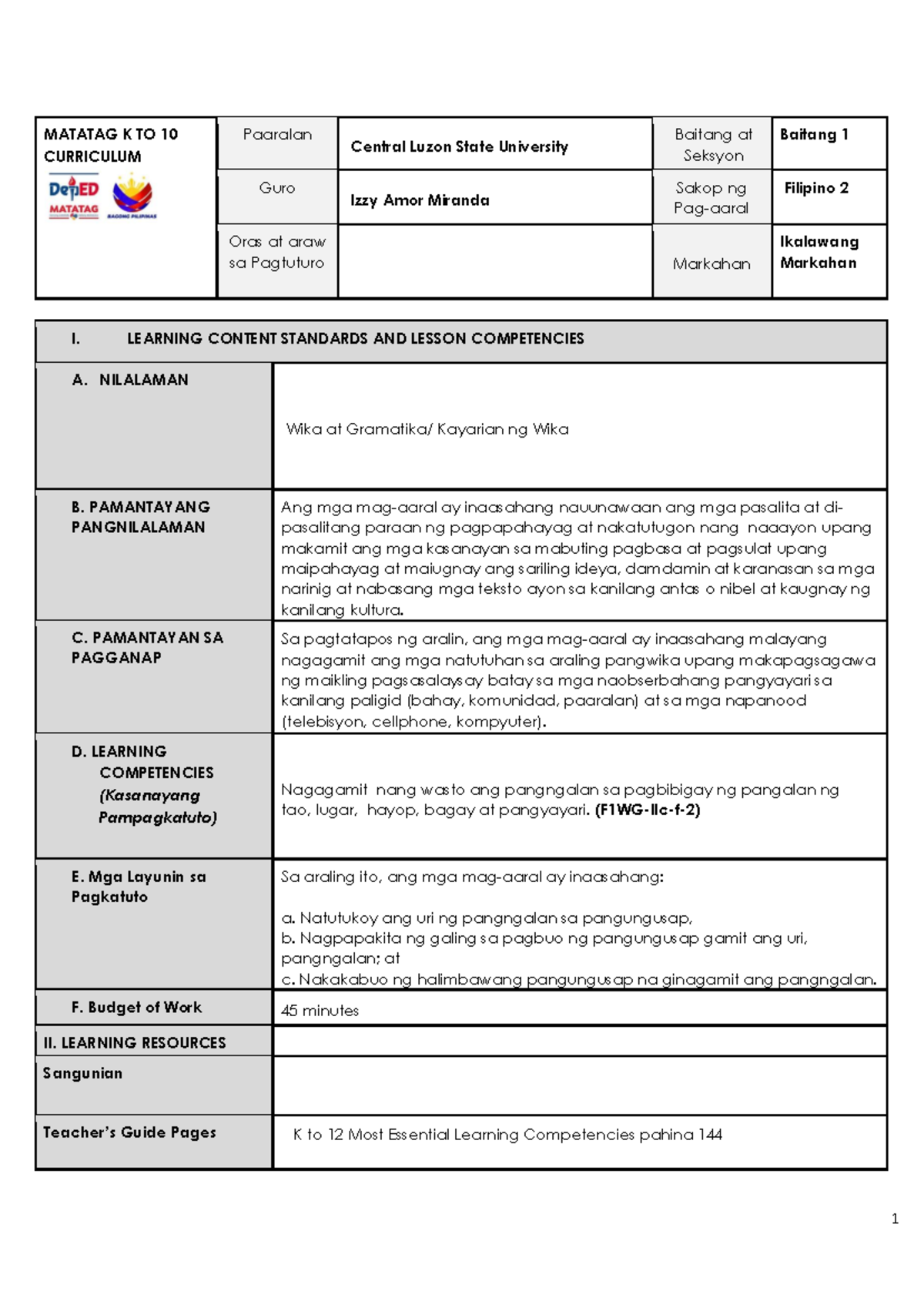 Semi-Detailed Lesson Plan in Filipino 2 (Baitang 1) - Studocu