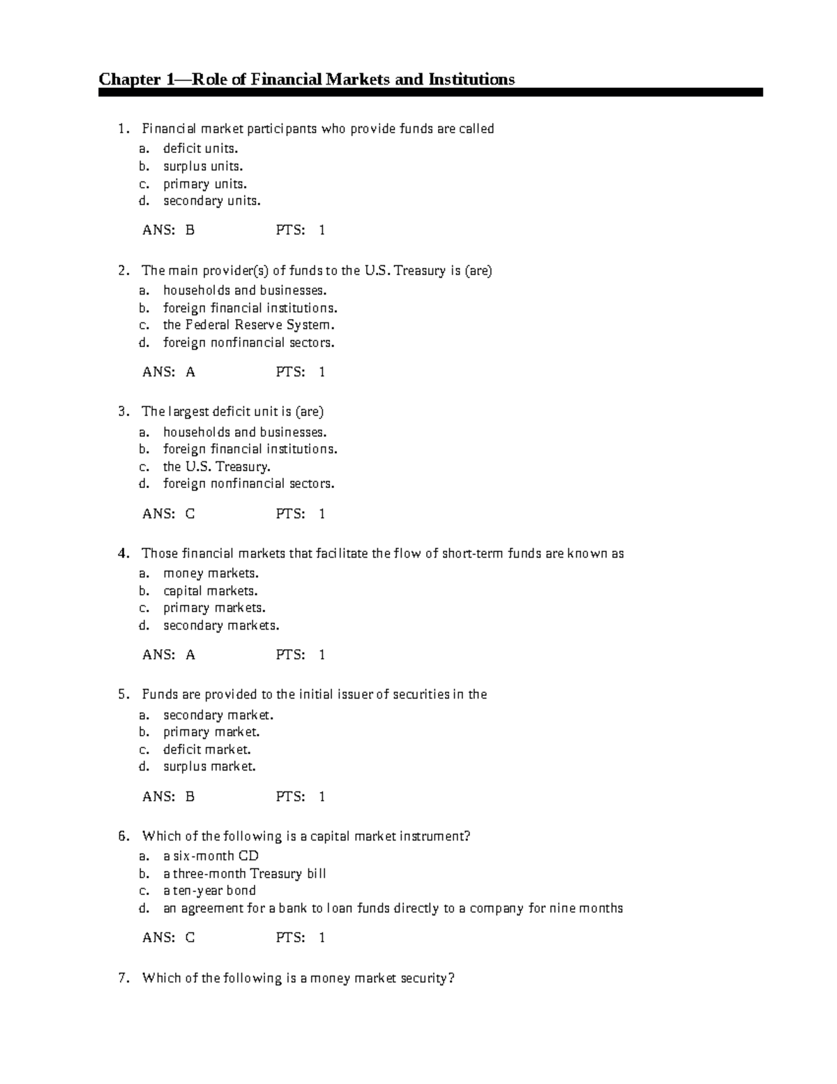 Chapter 1 Test Bank - Financial Markets and Institutions Insights - Studocu