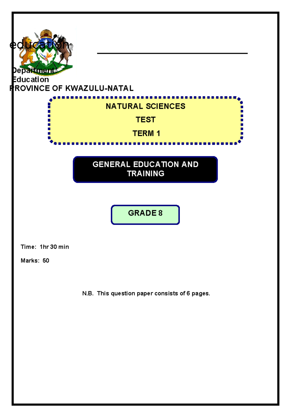 GRADE 8 NATURAL SCIENCES TERM 1 TEST PRACTICE MATERIALS - Studocu