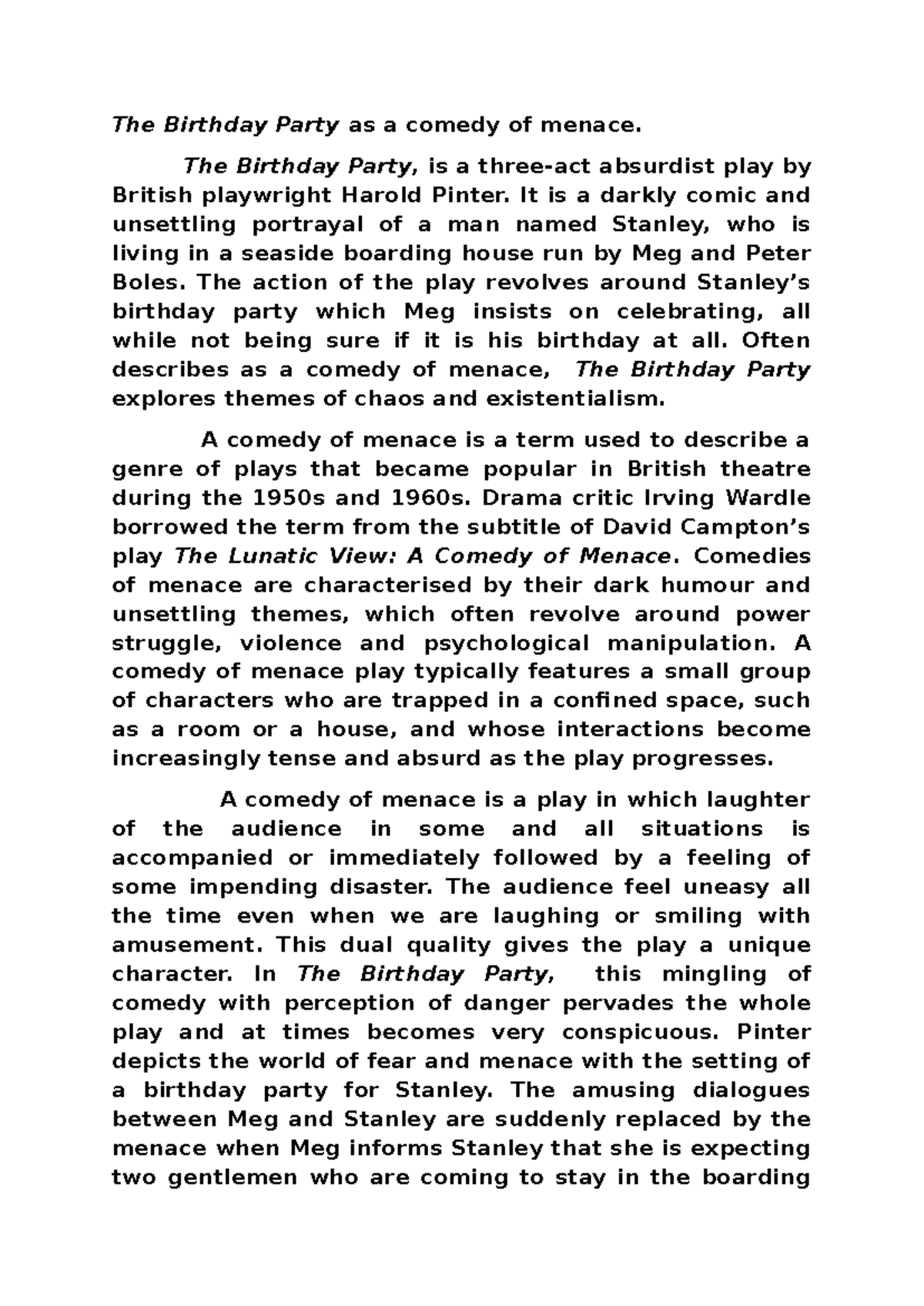 The Birthday Party (ENG101) Essay: Analyzing Comedy of Menace - Studocu