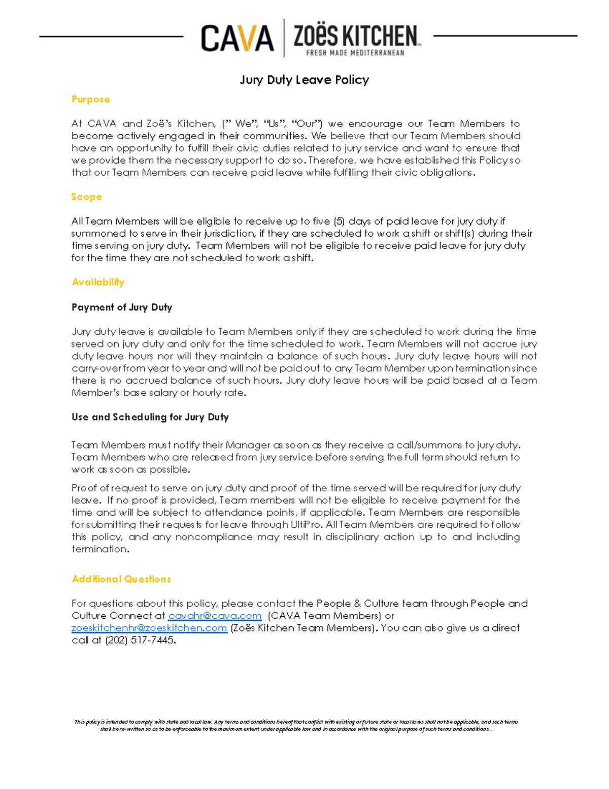 2022 Jury Duty Leave Policy for CAVA & Zoë's Kitchen Employees - Studocu