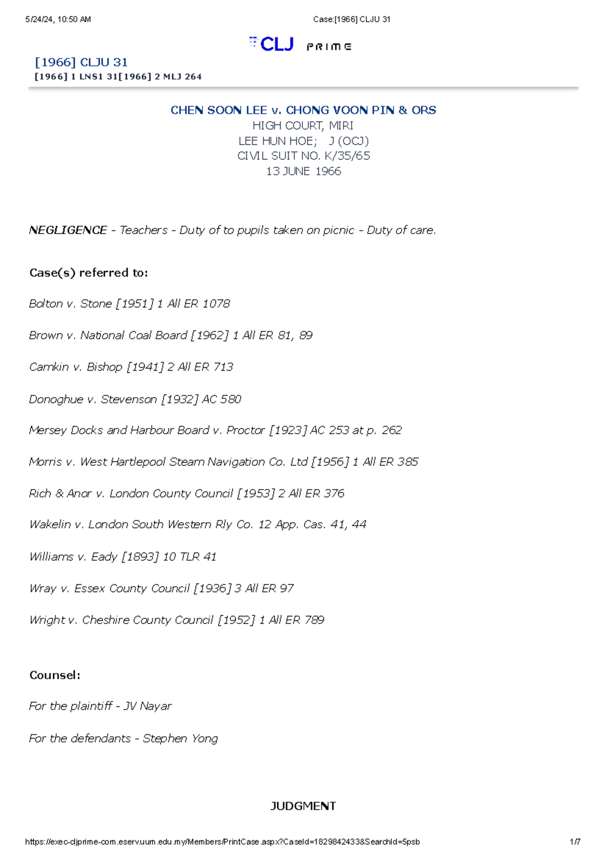 Negligence Case Study: CHEN SOON LEE v. CHONG VOON PIN & ORS (1966 ...