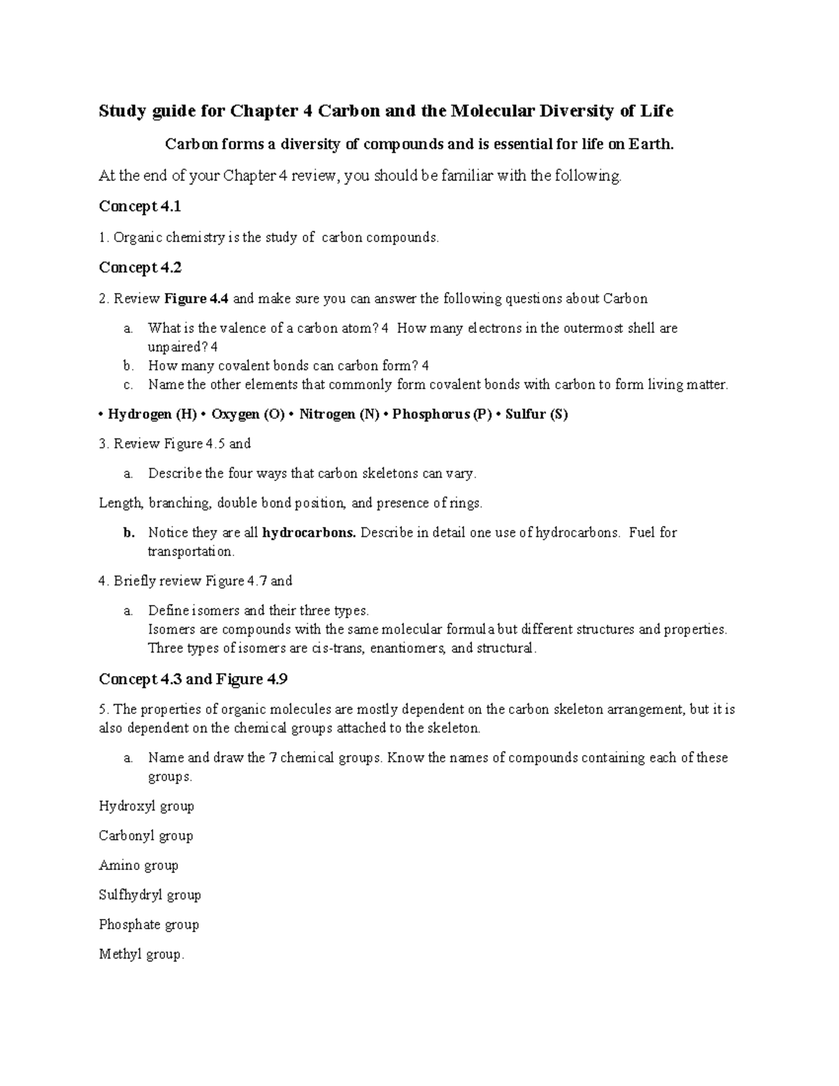 Study Guide for Chapter 4: Carbon & Molecular Diversity (BIOL 101 ...
