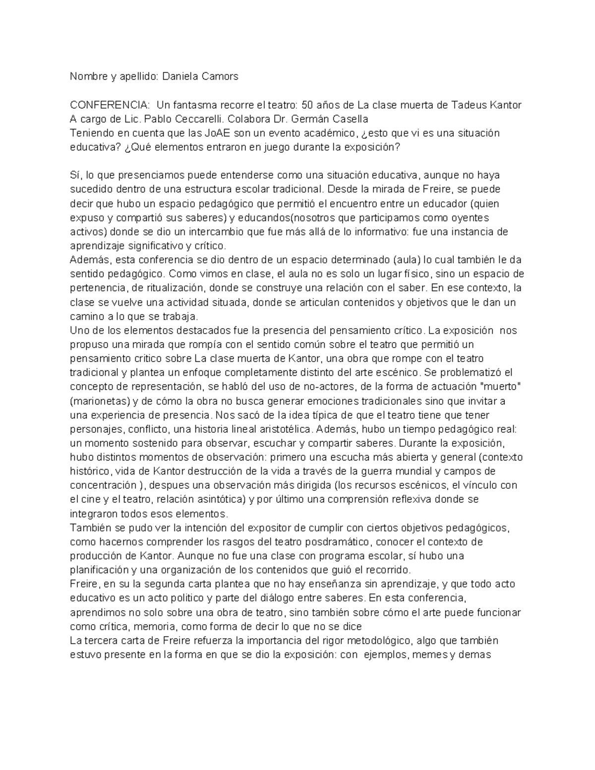 Reseña de la Conferencia sobre La Clase Muerta - 4° JoAE - Ihaaa - Studocu