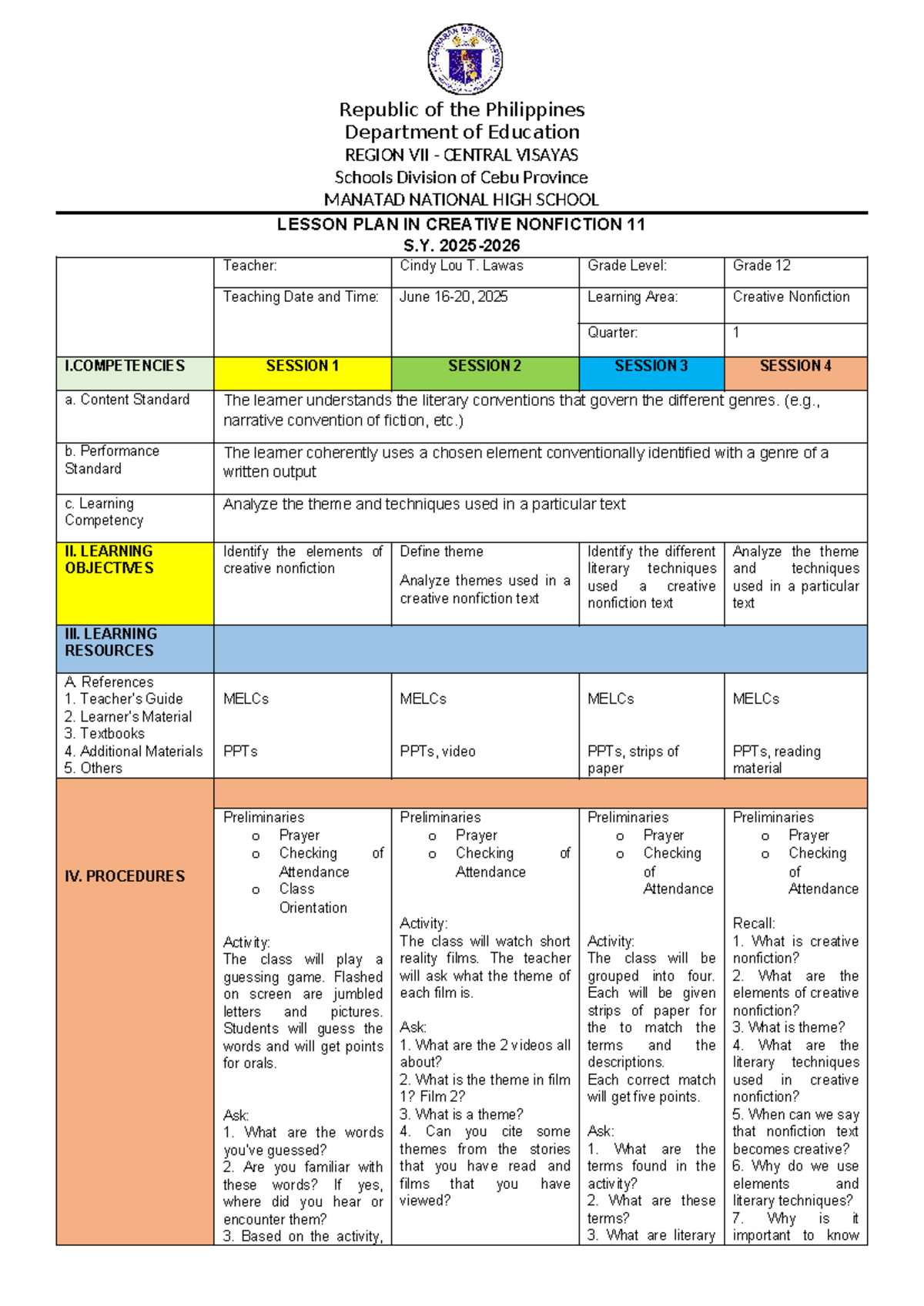 DLP CNF 1: Lesson Plan for Creative Nonfiction Grade 12 S.Y. 2025 - Studocu