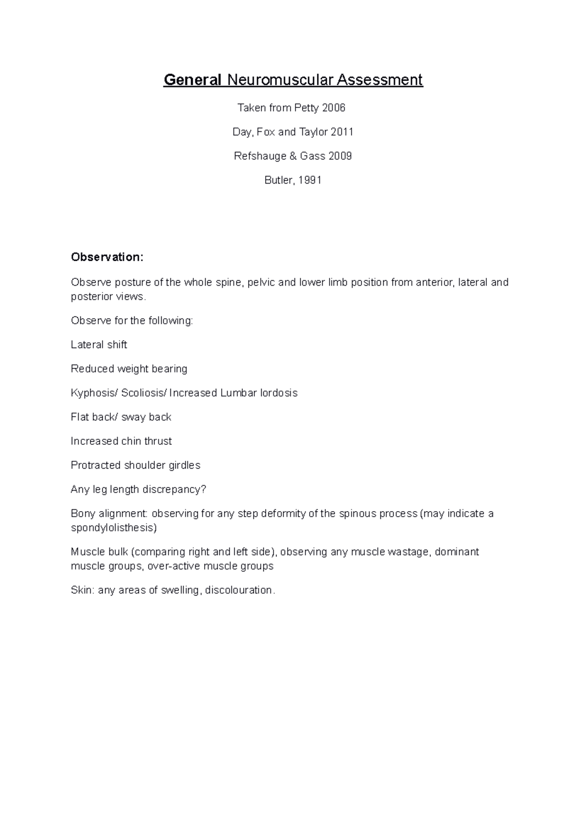Basic Spinal Assessment - General Neuromuscular Assessment Taken from ...
