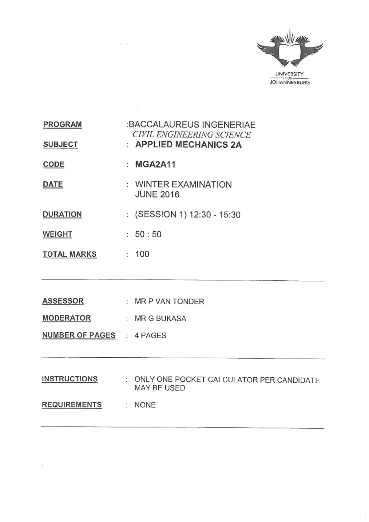 Applied Mechanics 2A (MGA2A11) Winter Exam Past Paper 2016 - Studocu