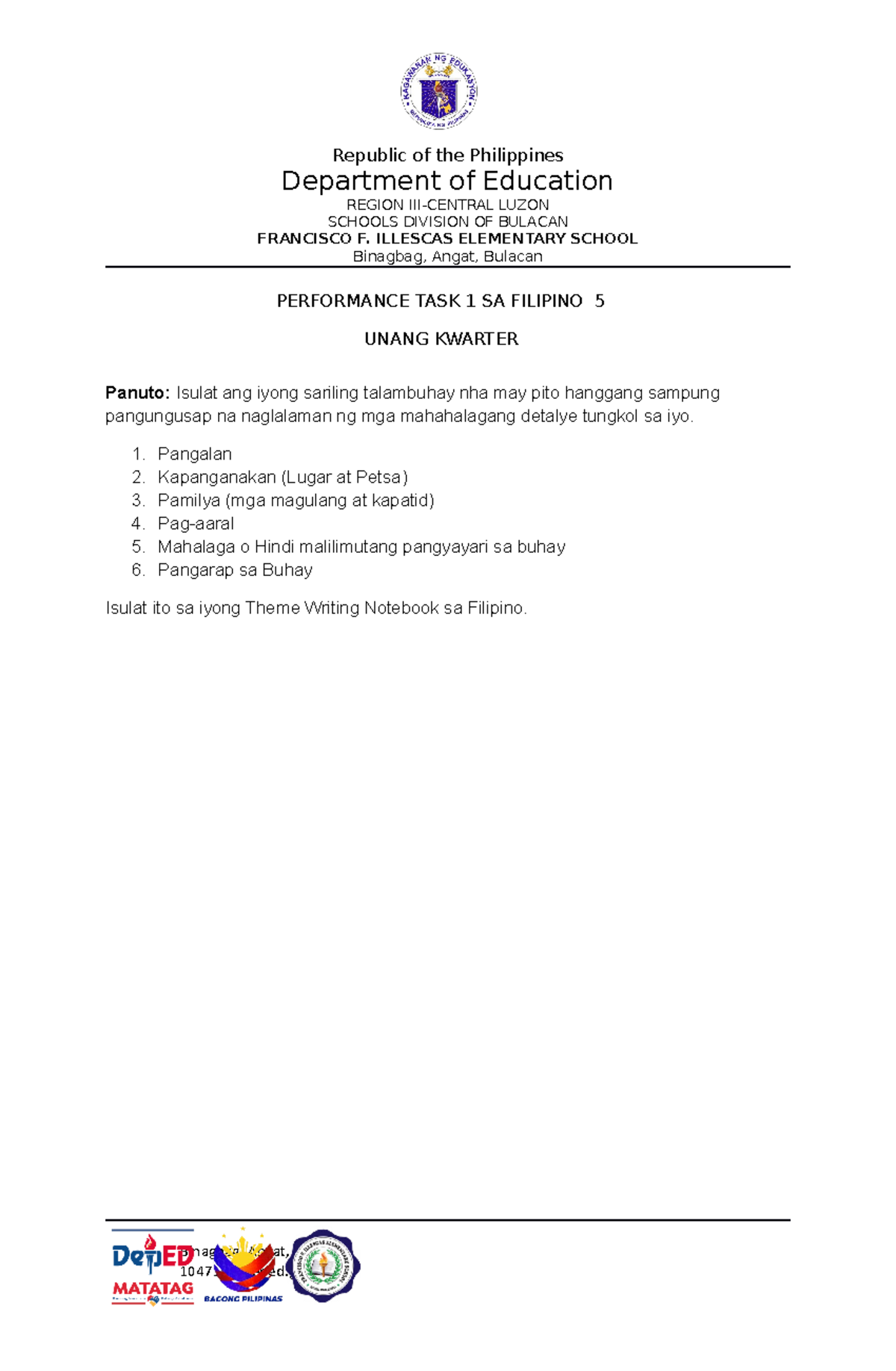 Talambuhay: Performance Task for Filipino 5 (1st Quarter) - Studocu