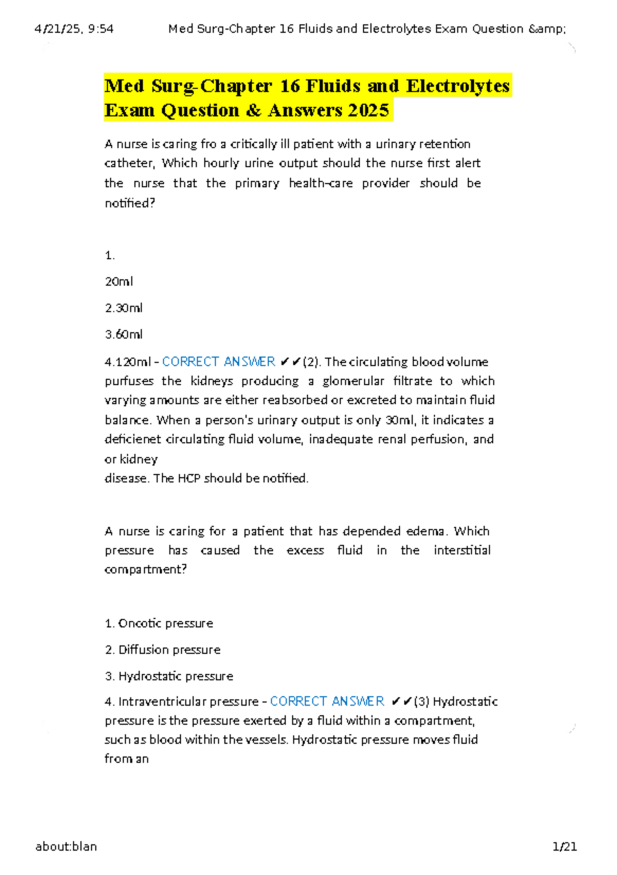 Med 16 Fluids and Electrolytes Final Exam Questions & Answers 2025 ...