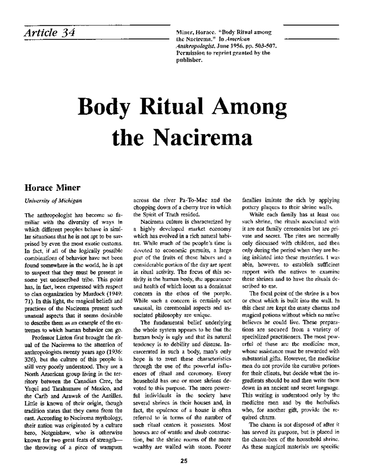 Body Rituals of the Nacirema: Insights from Horace Miner (Anthropology ...