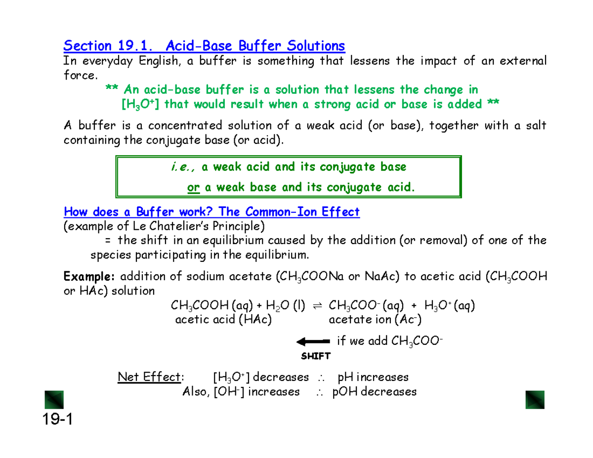 Chapter 19 Ionic Equilibria Week 1 - Section 19. Acid-Base Buffer ...
