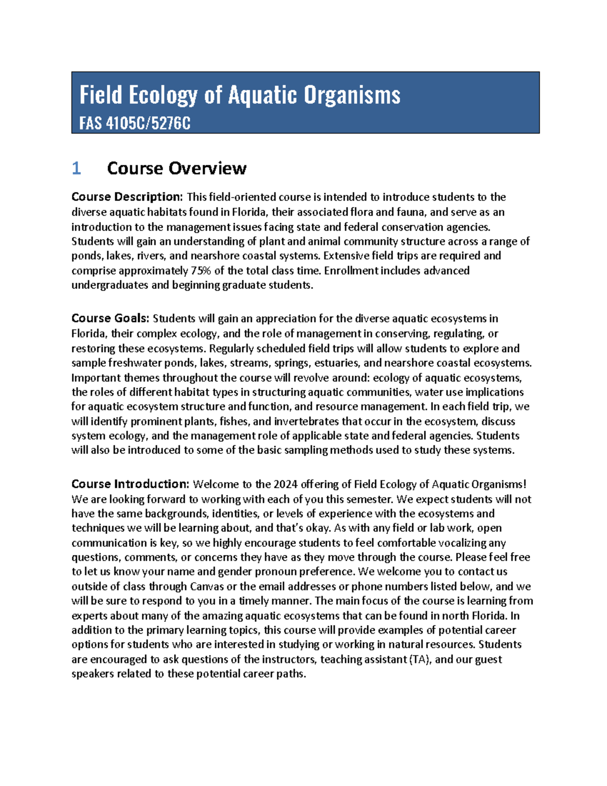 FAS 4932 Field Ecology of Aquatic Organisms Syllabus (Spring 2024 ...