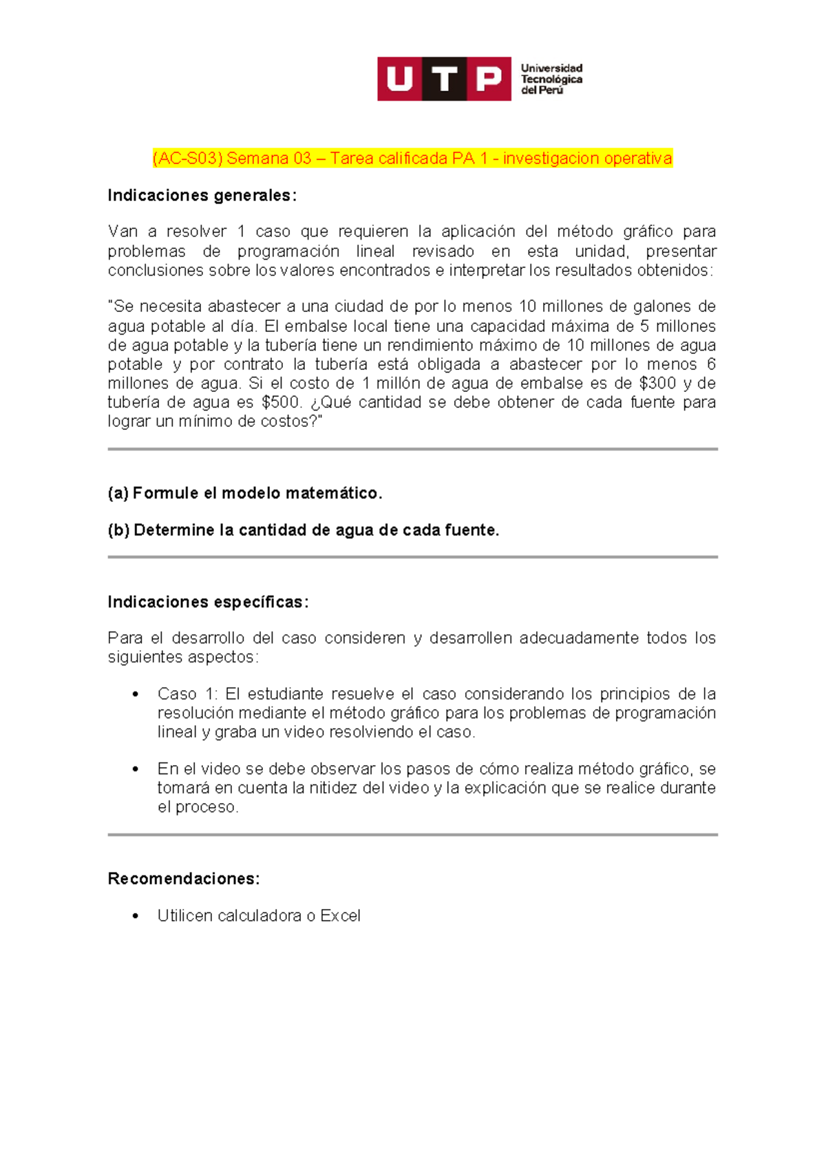 Semana 03 - Tarea Calificada PA 1 - Investigación Operativa - Studocu