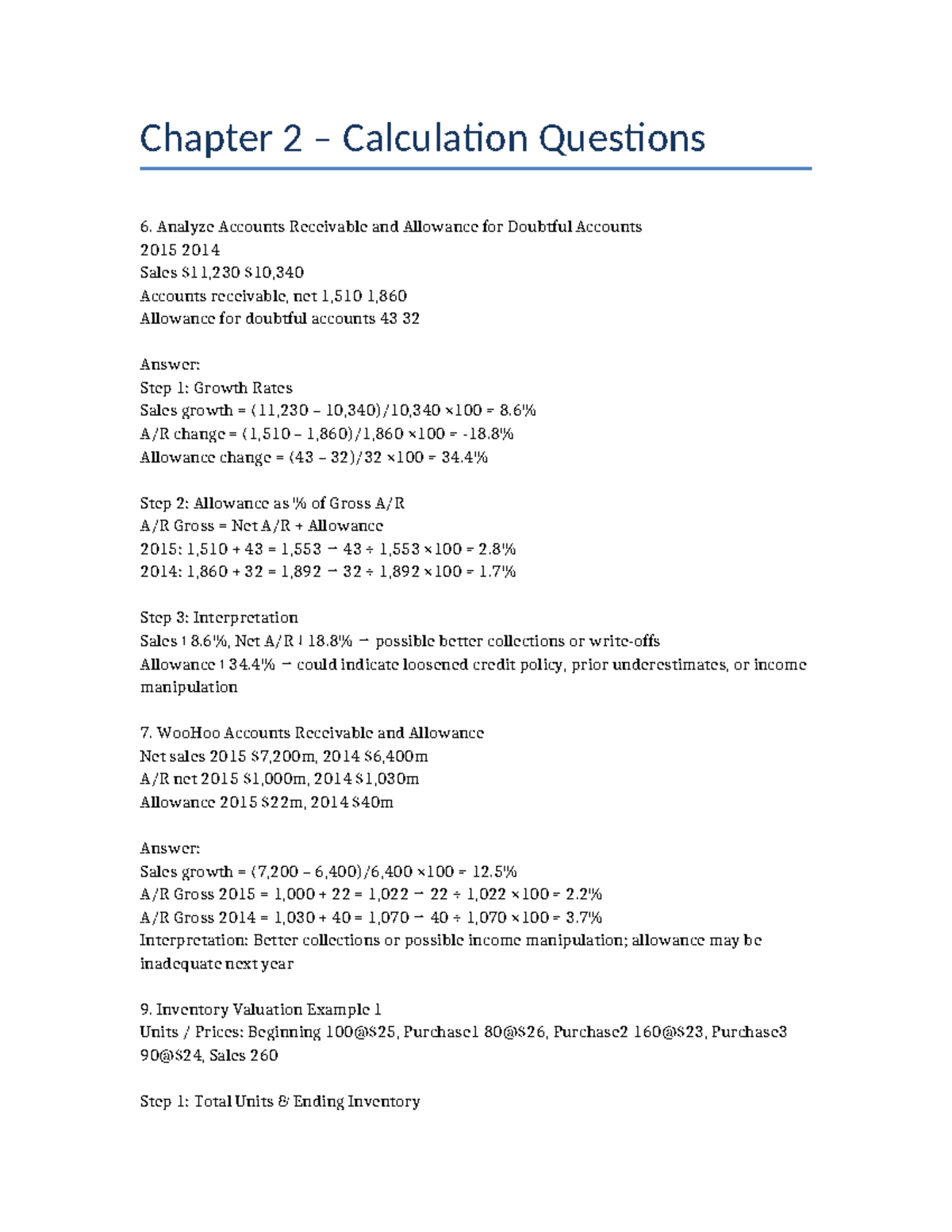 Chapter 2 Calculation Questions: Accounts Receivable & Inventory ...