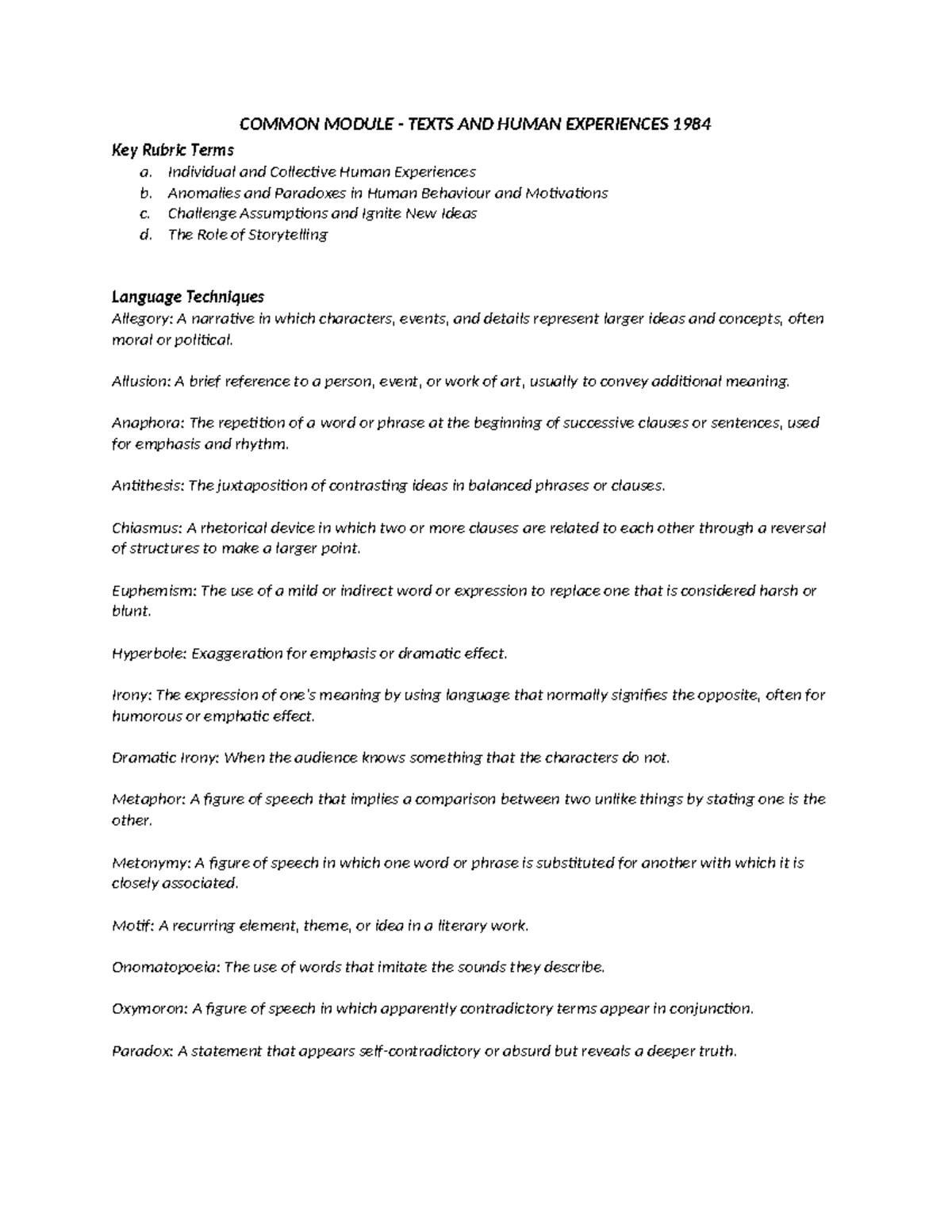 Common mod scaffold - COMMON MODULE - TEXTS AND HUMAN EXPERIENCES 1984 ...