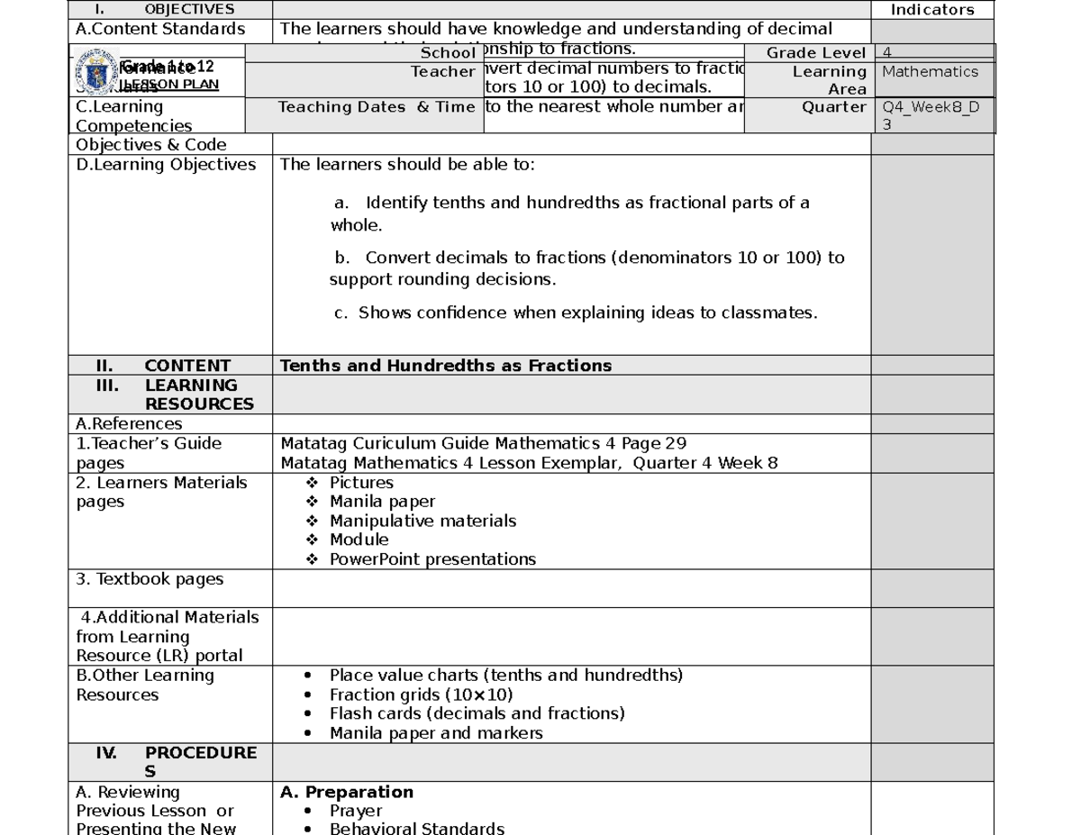 MATH-4-Q4 W8 D3 - Lesson Plan on Decimals and Fractions - Studocu