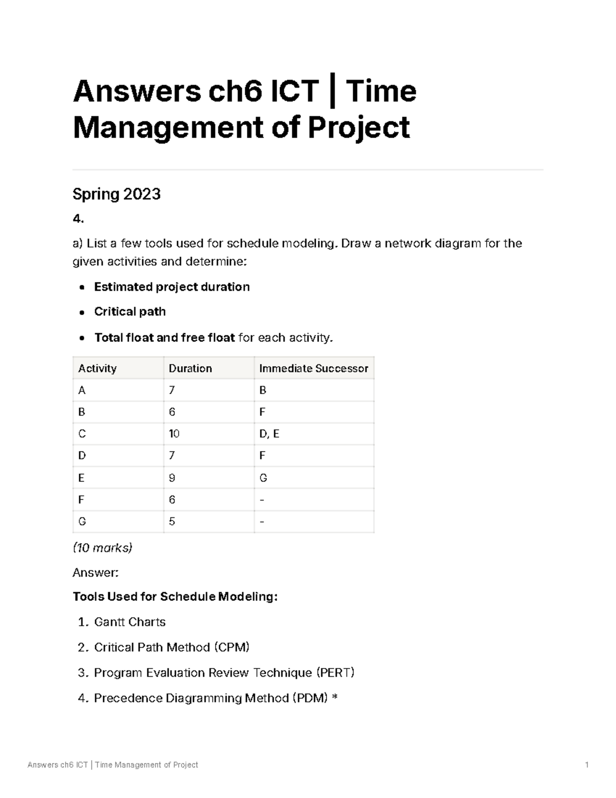 Answers to Ch6 ICT Time Management of Project - Tools & Techniques ...