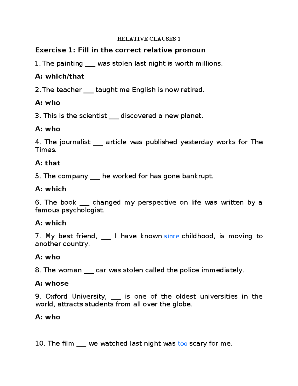 Relative Clauses 1: Exercises on Pronouns and Sentence Structure - Studocu