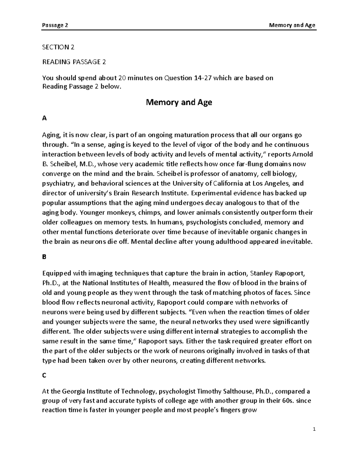 04 Passage 2 - Memory and Age Q14-27 - SECTION 2 READING PASSAGE 2 You ...