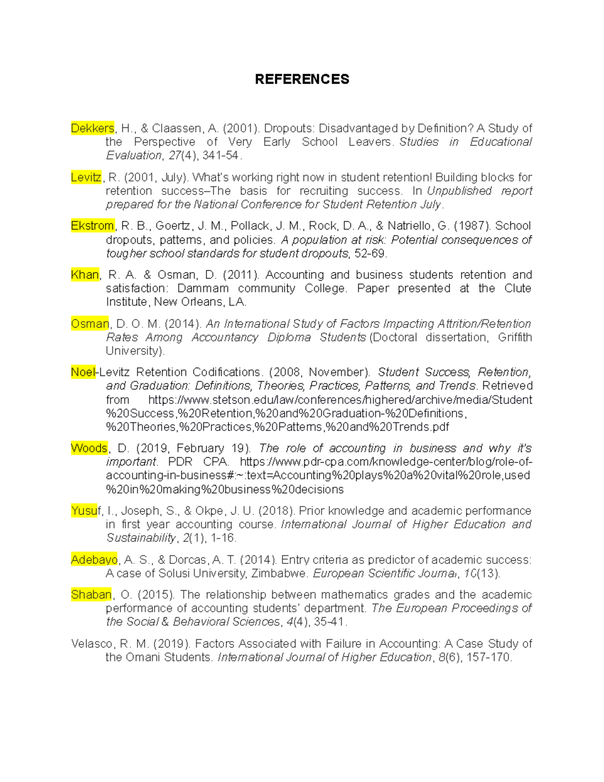 References for Essential Studies on Student Retention and Performance ...