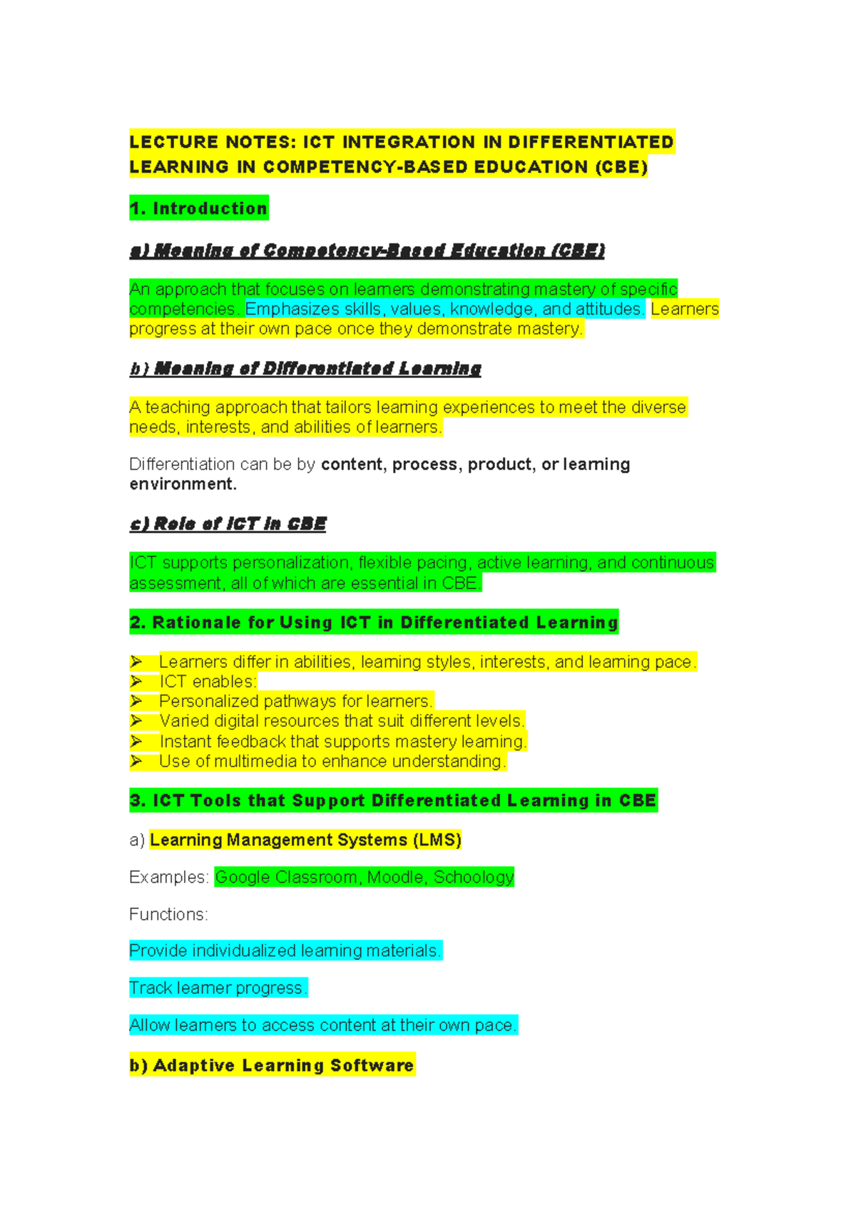 LECTURE NOTES: ICT INTEGRATION FOR DIFFERENTIATED LEARNING (CBE) - Studocu