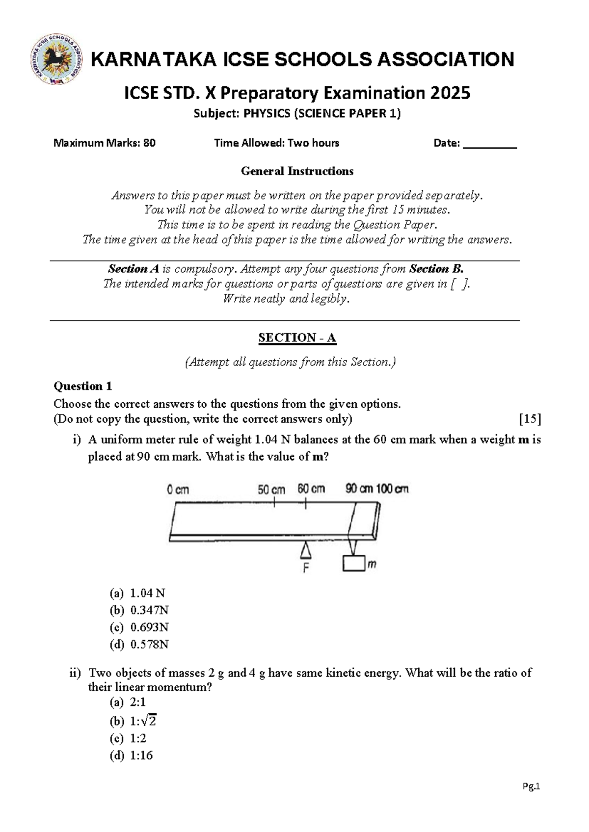 KISA ICSE Std. X Physics Preparatory Exam 2025 - Question Paper - Studocu