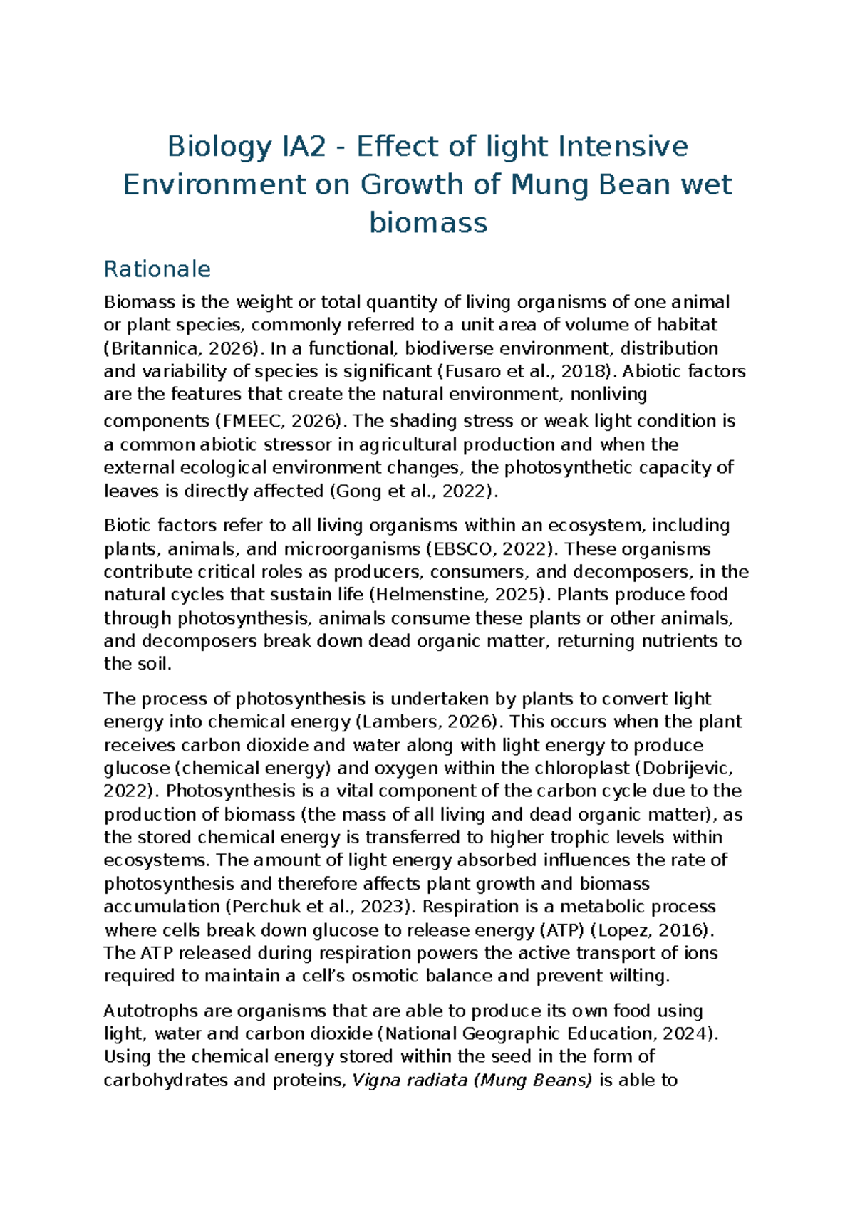IA2 Biology Final: Impact of Light Intensity on Mung Bean Growth - Studocu