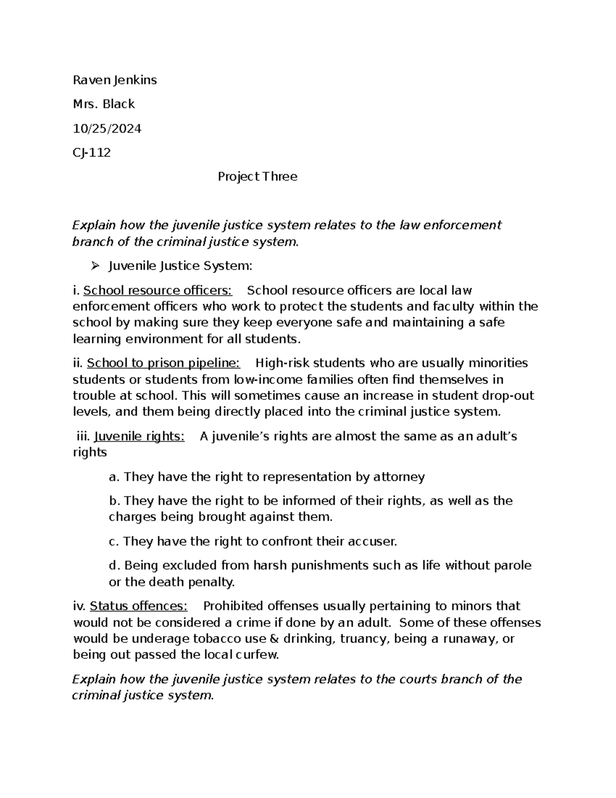 Project three - Raven Jenkins Mrs. Black 10/25/ CJ- Project Three ...