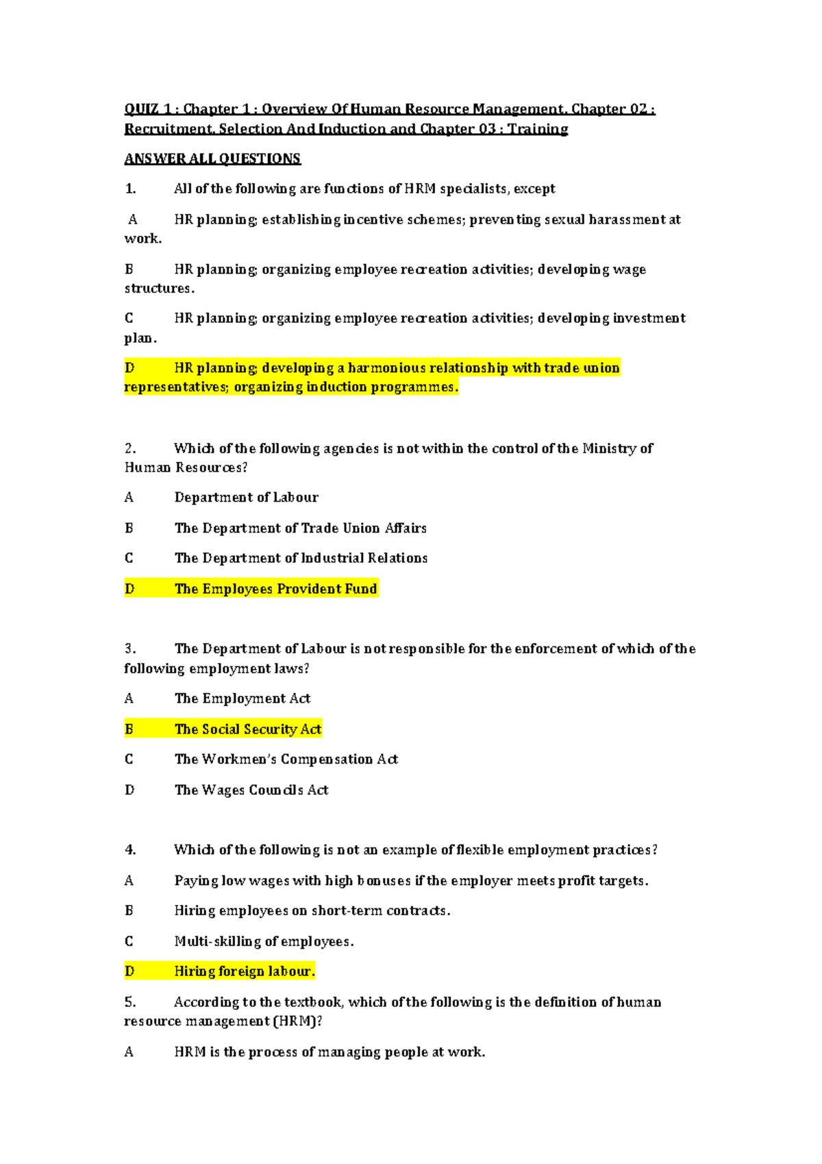 QUIZ 1 - Overview of Human Resource Management (Ch. 1-3) - Studocu