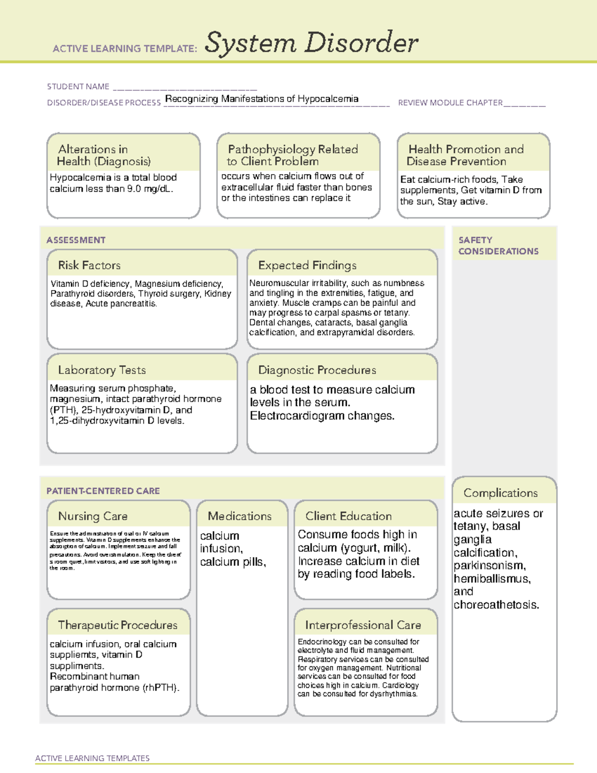 Hypocalcemia: Active Learning Template for Nursing Care (NURS 101 ...